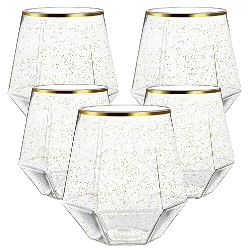 Oojami 40 count Diamond Unbreakable Stemless Plastic Wine Champagne Whiskey Glasses Durable Disposable Indoor Outdoor Ideal for Home Bars, Wedding 12 Ounce Cups (Gold Rim - Gold Glitter)