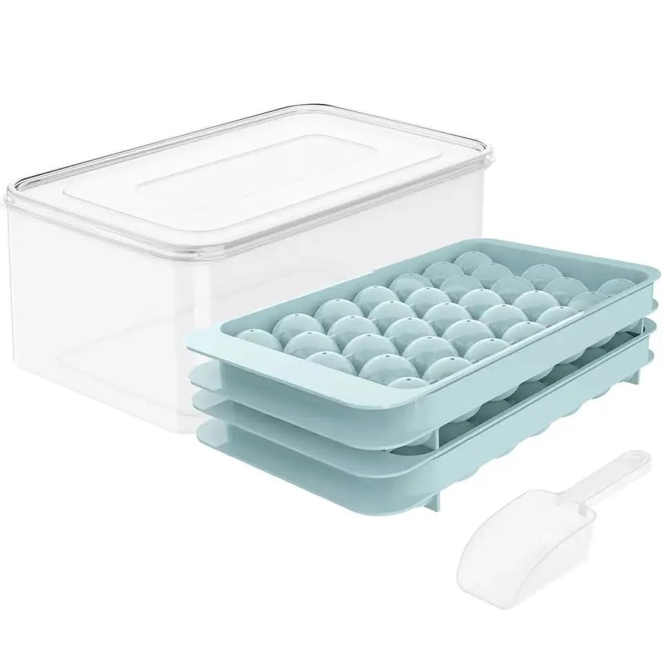 2-Pack Silicone Ice Cube Trays with Lid/Bin/Scoop - Freeze Pieces of Ice for Chilling Drinks and Cocktails - Non-Toxic, BPA Free Molds - Freezer Organizer for Iced Coffee, Whiskey & More.