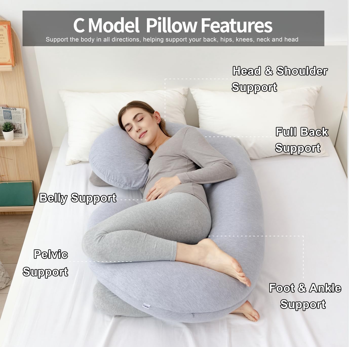 Kproly KRROLY Pregnancy Pillows for Sleeping - Body Pillow for Pregnancy - Memory Foam and Fiber Clusters Maternity Pillow with Removable Washable Reversible Cooling Jersey Cover(C Shape,Grey)