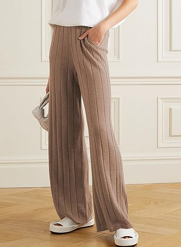 Acelitt Women Casual Ribbed Knit Pants Elastic High Waisted Trendy Fall Comfy 2023 Loose Solid Wide Leg Flowy Soft Palazzo Sweater Pants Trousers Brown XL