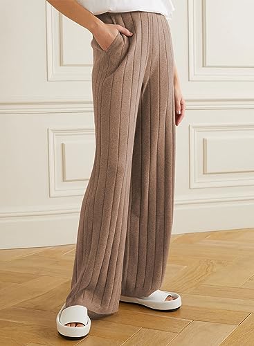 Acelitt Women Casual Ribbed Knit Pants Elastic High Waisted Trendy Fall Comfy 2023 Loose Solid Wide Leg Flowy Soft Palazzo Sweater Pants Trousers Brown XL