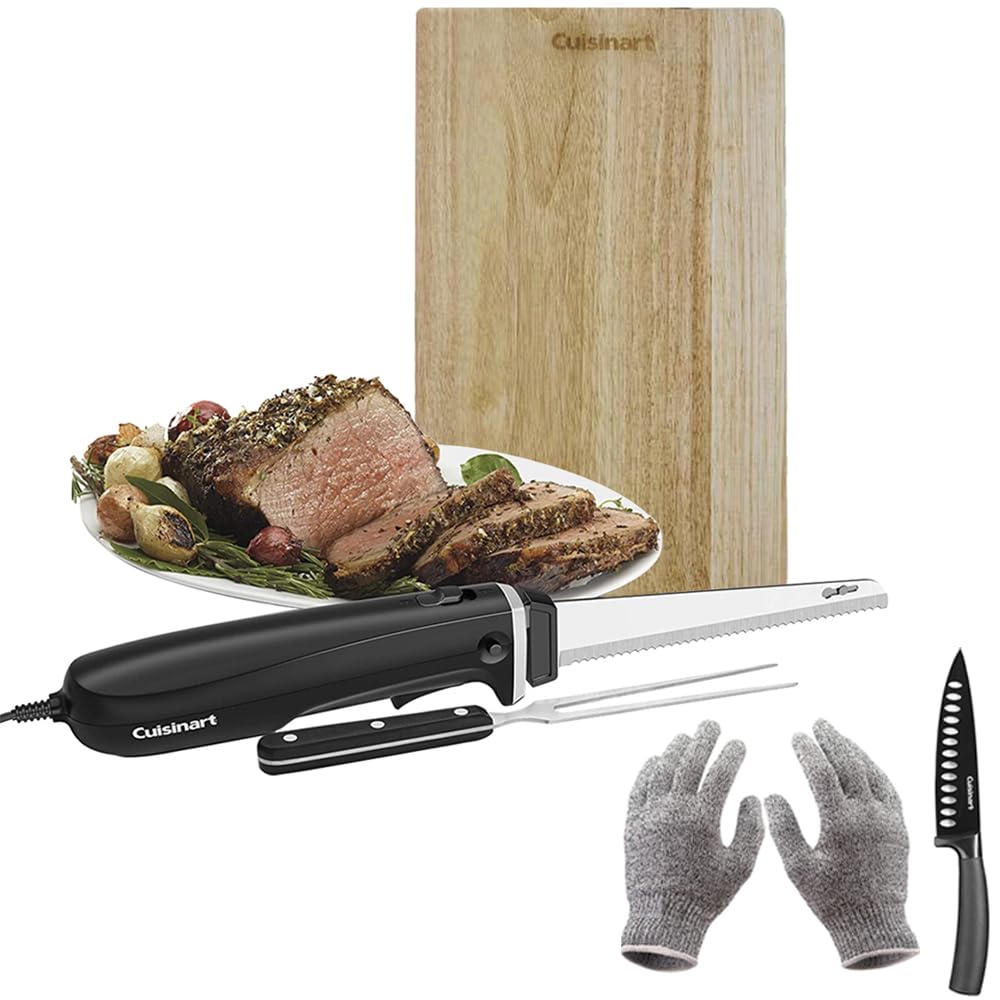 Cuisinart CEK-41 AC Electric Knife with Bamboo Cutting Board Bundle Classic Nonstick Edge 6" Chef's Knife and Deco Gear Food Grade Kitchen Safety Cut Resistant Stretch Fit Gloves