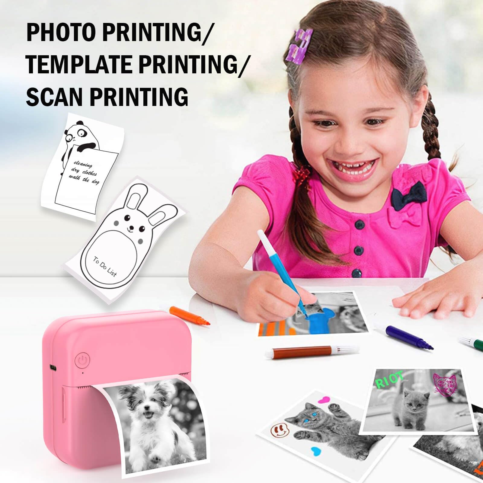 HUIJUTCHEN Inkless Mini Thermal Pocket Printer, Wireless Mini Sticker Printer with 10 Rolls Thermal Paper for iOS&Android, Portable Mini Photo Printer for Notes Journal Memo Photo Study, Pink