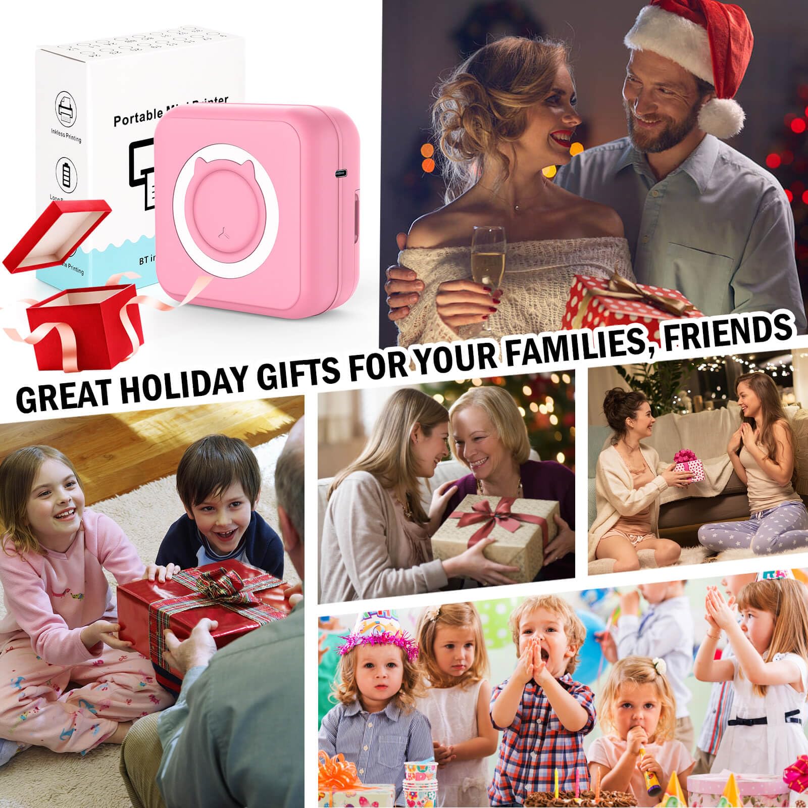 HUIJUTCHEN Inkless Mini Thermal Pocket Printer, Wireless Mini Sticker Printer with 10 Rolls Thermal Paper for iOS&Android, Portable Mini Photo Printer for Notes Journal Memo Photo Study, Pink