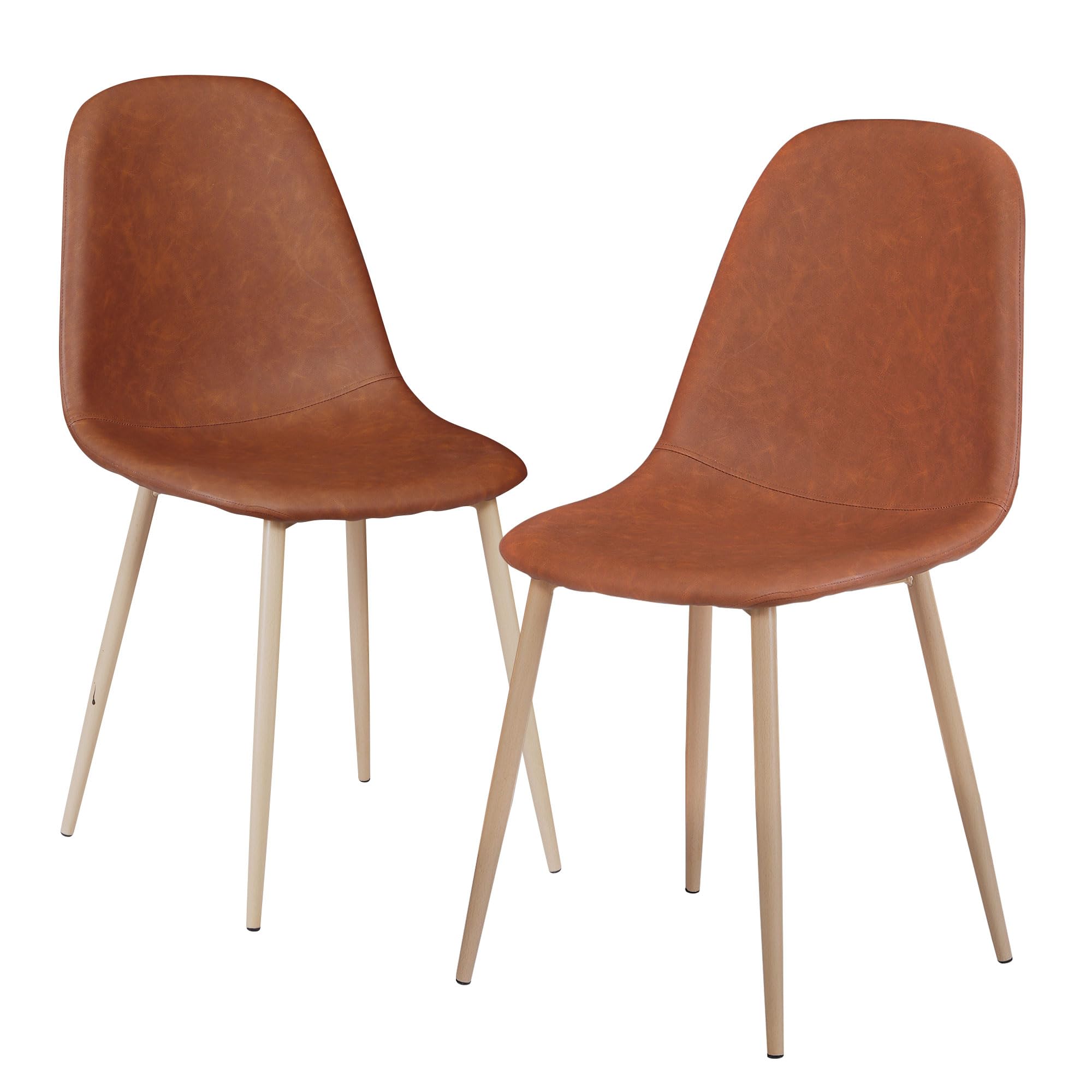 SUPER DEAL Kitchen Chairs Set of 2 Modern PU Leather Cushion Seat Mid Century Dining Chairs Side Chairs with Heavy Duty Wood Legs for Living Room Dining Room, Brown