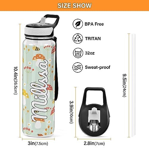 Wusikd Mushroom Custom Water Bottle Tritan BPA-Free Drink and Straw Leakproof Motivational Bee Ladybug Drinking Water Bottles with Carrying Strap for Office, Gym, Outdoor Sports