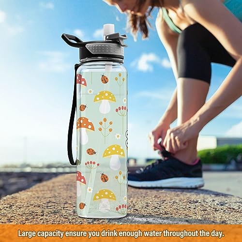 Wusikd Mushroom Custom Water Bottle Tritan BPA-Free Drink and Straw Leakproof Motivational Bee Ladybug Drinking Water Bottles with Carrying Strap for Office, Gym, Outdoor Sports