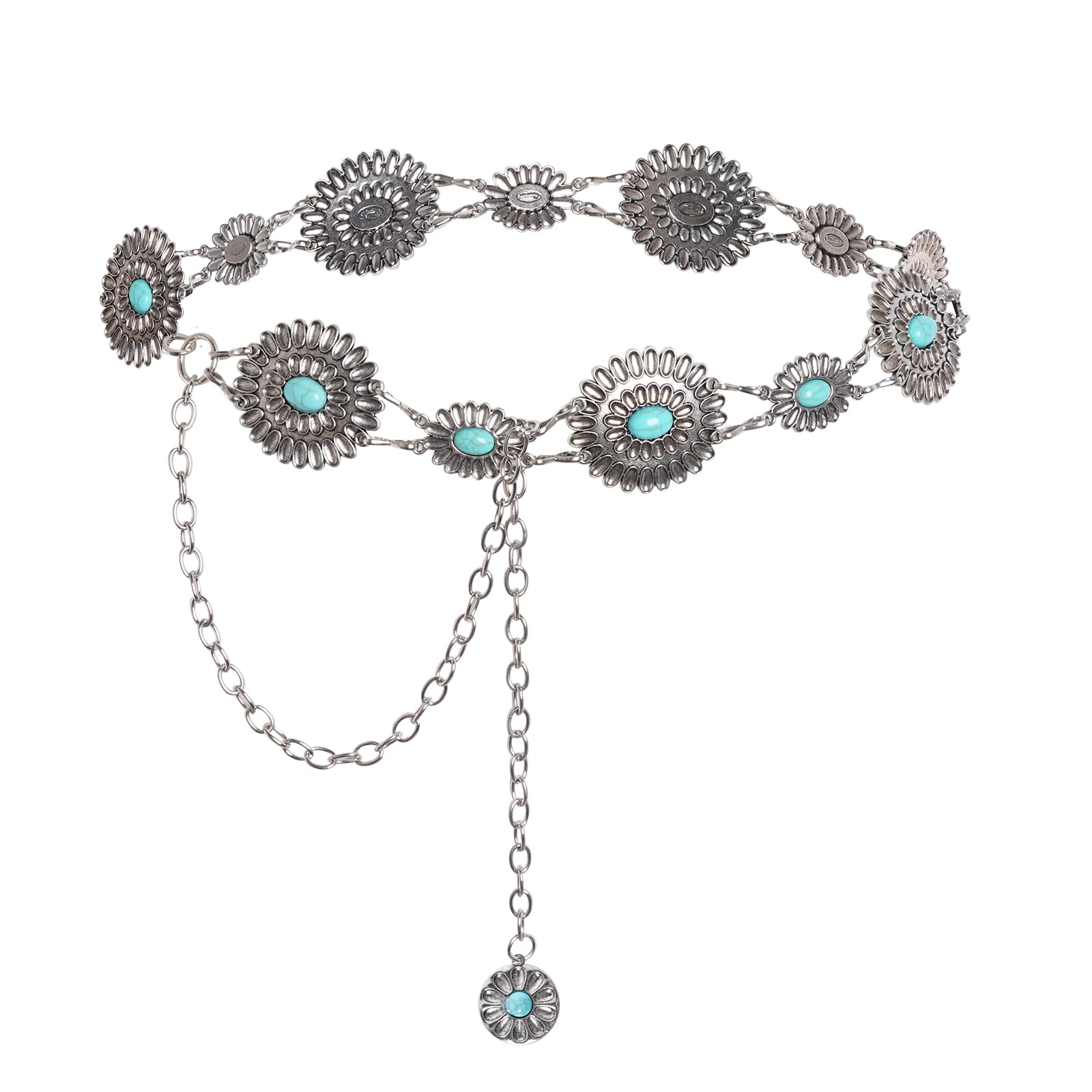 Topbuti Western Metal Oval Concho Chain Belt for Women Cowgirl Turquoise Waist Chain Belt for Dresses Jeans Western (Green)