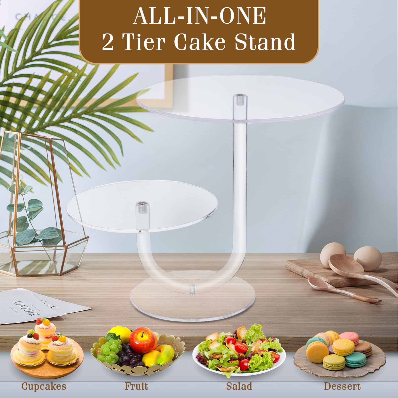 Cake Stand 2 Tier - Stylish Clear Cake Tree Acrylic Cupcake Tower for Weddings, Birthdays, Anniversaries, Baby Showers, Parties Décor - 2 Cake Trays with 10 and 8 inch diameters