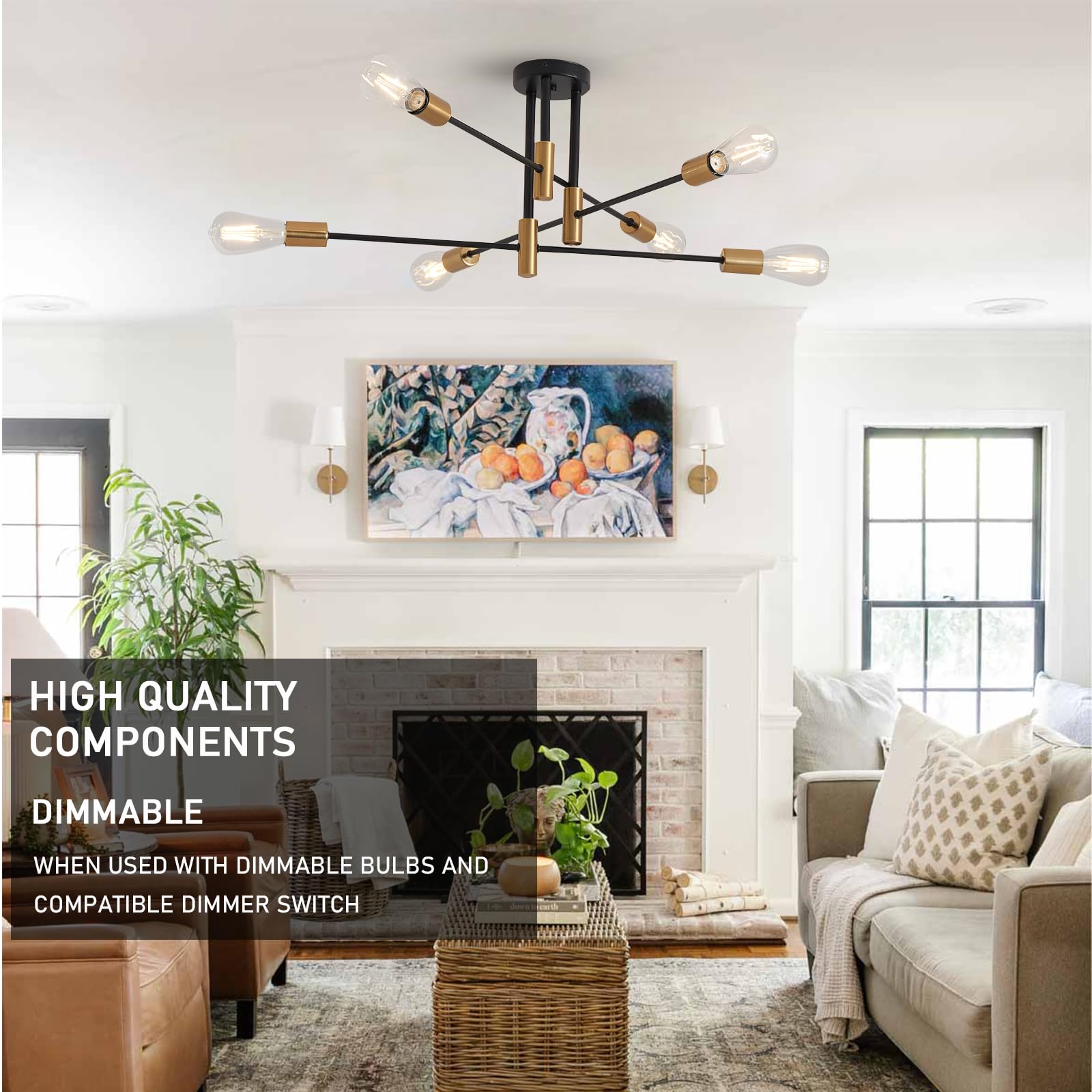 OUREDEEY Sputnik Chandelier - 6-Light Semi Flush Mount Ceiling Light Fixture,Mid Century Modern Hanging Light Fixtures,Black and Gold Chandeliers for Dining Room Bedroom Living Room Kitchen