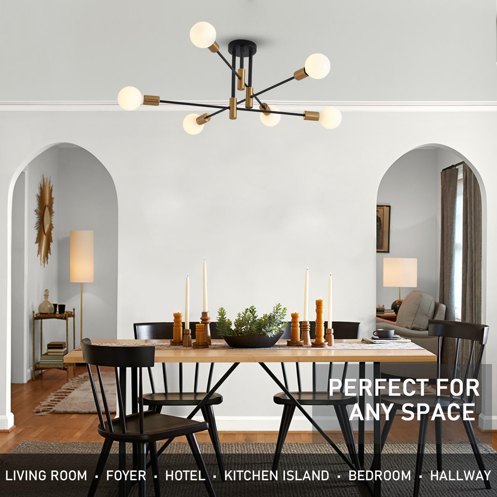 OUREDEEY Sputnik Chandelier - 6-Light Semi Flush Mount Ceiling Light Fixture,Mid Century Modern Hanging Light Fixtures,Black and Gold Chandeliers for Dining Room Bedroom Living Room Kitchen