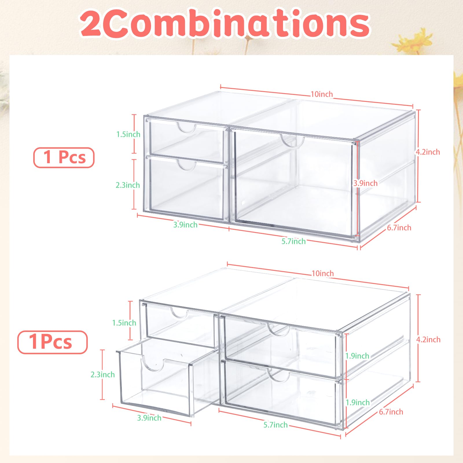 VZKAH Acrylic Organizer and Storage | 7 Drawers 2 Sets | Desk Organizer with Drawers, Clear Makeup Storage Drawers, For Beauty/Office/Craft Supply Storage and Organization