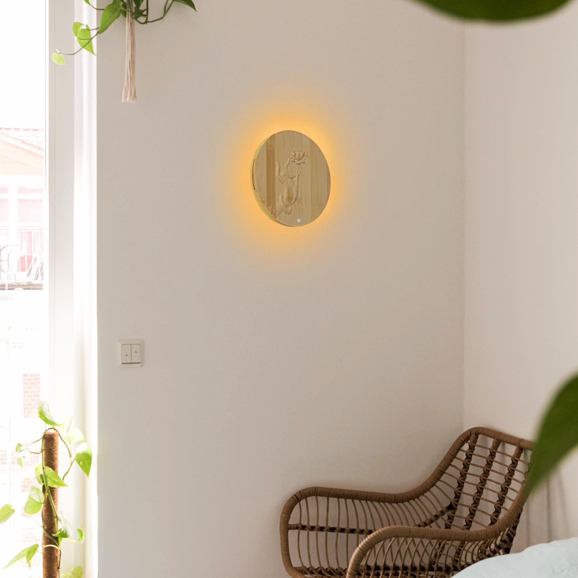 SKIVTGLAMP Hand Made Nature Wood Wall Sconce Rechargeable Battery Operated LED PIP Motion IR Sensor Wall Lamp, No Drilling Cordless Farmhouse Wood Embossed for Rustic Backlight Leaning Customizable