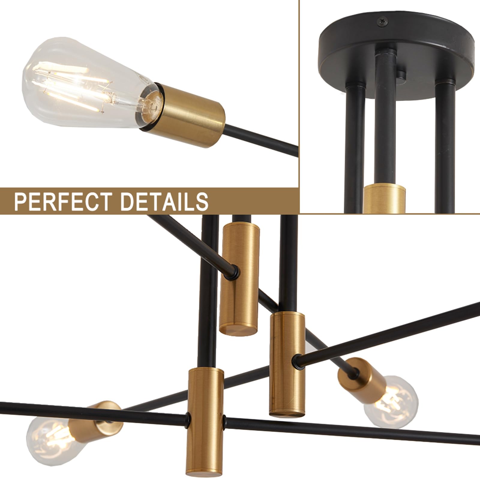 OUREDEEY Sputnik Chandelier - 6-Light Semi Flush Mount Ceiling Light Fixture,Mid Century Modern Hanging Light Fixtures,Black and Gold Chandeliers for Dining Room Bedroom Living Room Kitchen