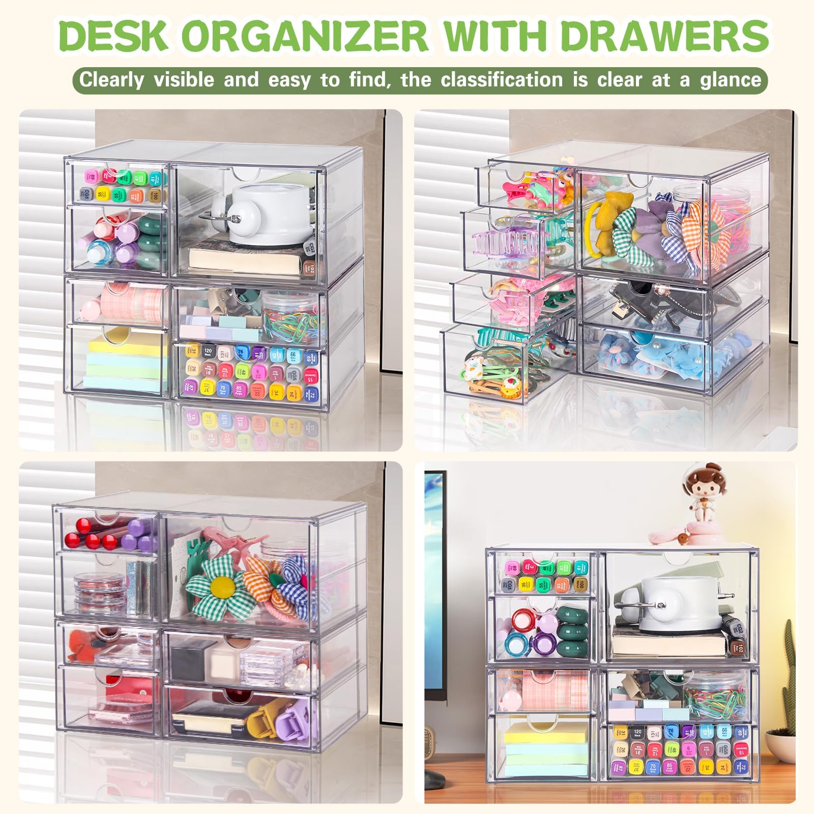 VZKAH Acrylic Organizer and Storage | 7 Drawers 2 Sets | Desk Organizer with Drawers, Clear Makeup Storage Drawers, For Beauty/Office/Craft Supply Storage and Organization