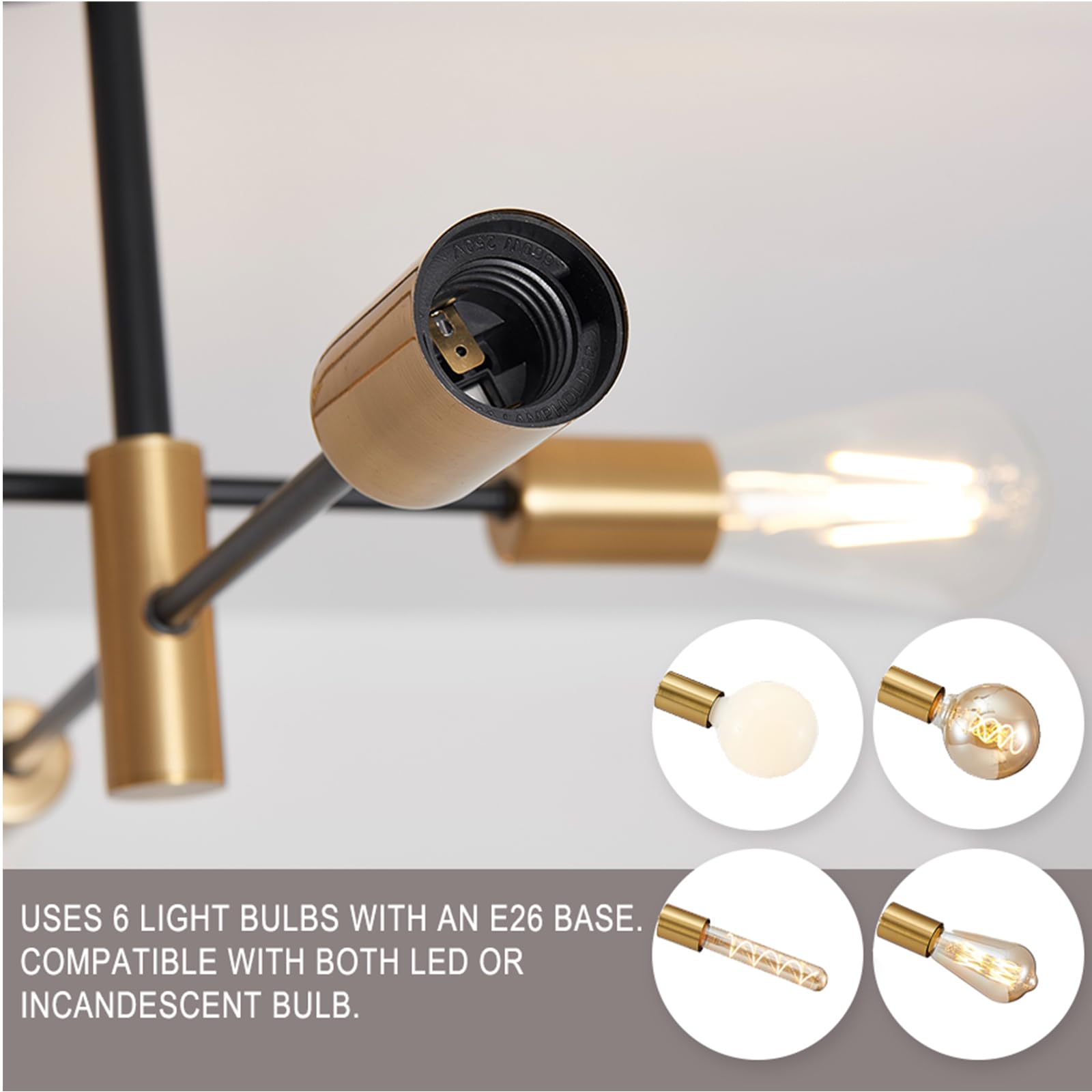 OUREDEEY Sputnik Chandelier - 6-Light Semi Flush Mount Ceiling Light Fixture,Mid Century Modern Hanging Light Fixtures,Black and Gold Chandeliers for Dining Room Bedroom Living Room Kitchen