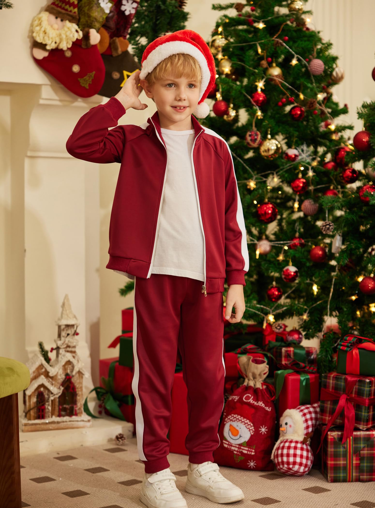 Arshiner Boy's 2 Pieces Full Zip Tracksuits Burgundy Sport Suits Casual Outfits Jacket & Pants Tracksuit Set