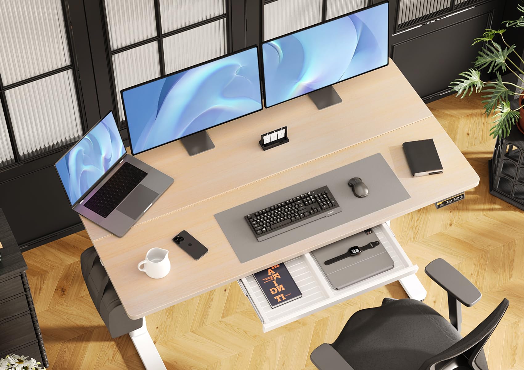 Claiks Standing Desk with Drawers, Stand Up Electric Standing Desk Adjustable Height, Sit Stand Desk Computer Workstation, 55 Inch, Natural