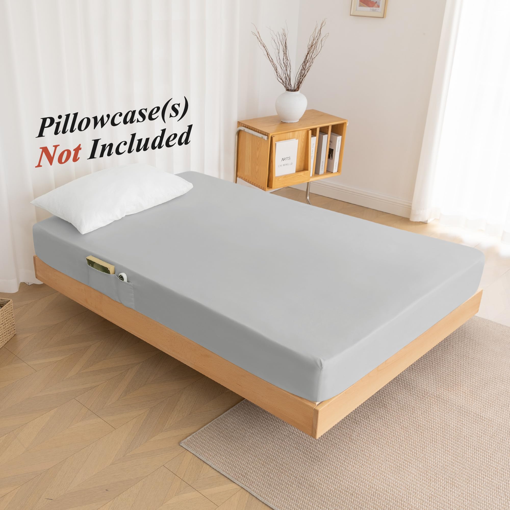Twin Fitted Sheet Only with Side Storage Pocket - Premium 1800 Super Soft & Cozy Microfiber, Wrinkle, Fade, Shrinkage Resistant Deep Pocket Twin Size Fitted Bottom Sheet, Light Gray