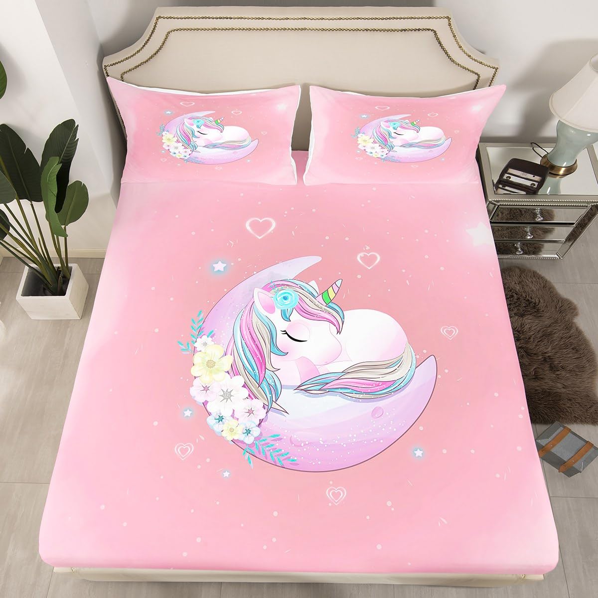 Feelyou Pink Unicorn Bed Sheet Set Twin, Cartoon Unicorn Bedding Set Bed Sheet SetGirls Cute Unicorn Fitted Sheet Fairy Dreamy Horse Bed Cover Microfiber Room Decor Lightweight Bed Set (No Flat Sheet)