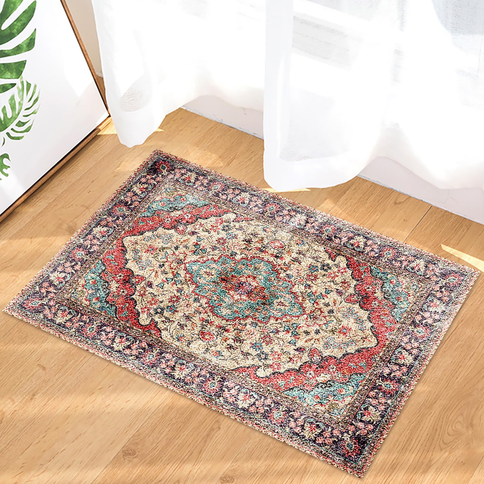 Red Contemporary Doormat Kitchen Bathroom Rug Floor Door Mat, Washable Welcome Entry Way Entrance Mat, Absorbent Hallway Accent Throw Runner Carpet, Abstract Oriental Flower Leaves 16"x24"
