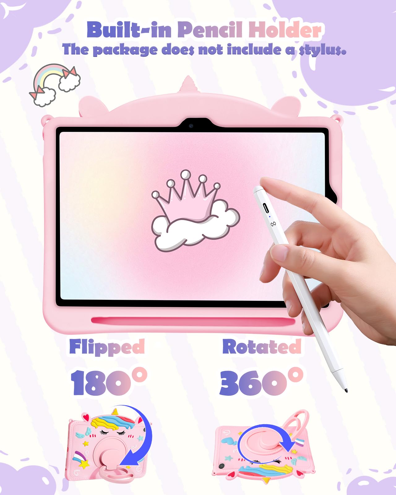 Gurgitat for Galaxy Tab A8 Cases - with Pen Holder Cute Cartoon Unicorn Silicone Cover with Rotating Stand & Strap Girly Teens Girls for Samsung Galaxy Tablet A8 10.5" Cases