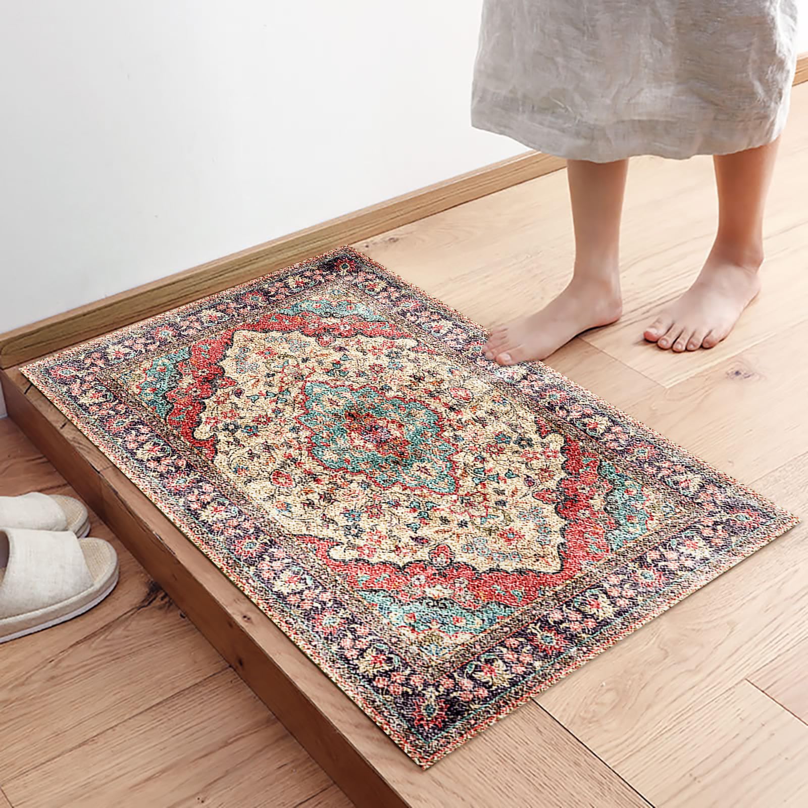 Red Contemporary Doormat Kitchen Bathroom Rug Floor Door Mat, Washable Welcome Entry Way Entrance Mat, Absorbent Hallway Accent Throw Runner Carpet, Abstract Oriental Flower Leaves 16"x24"