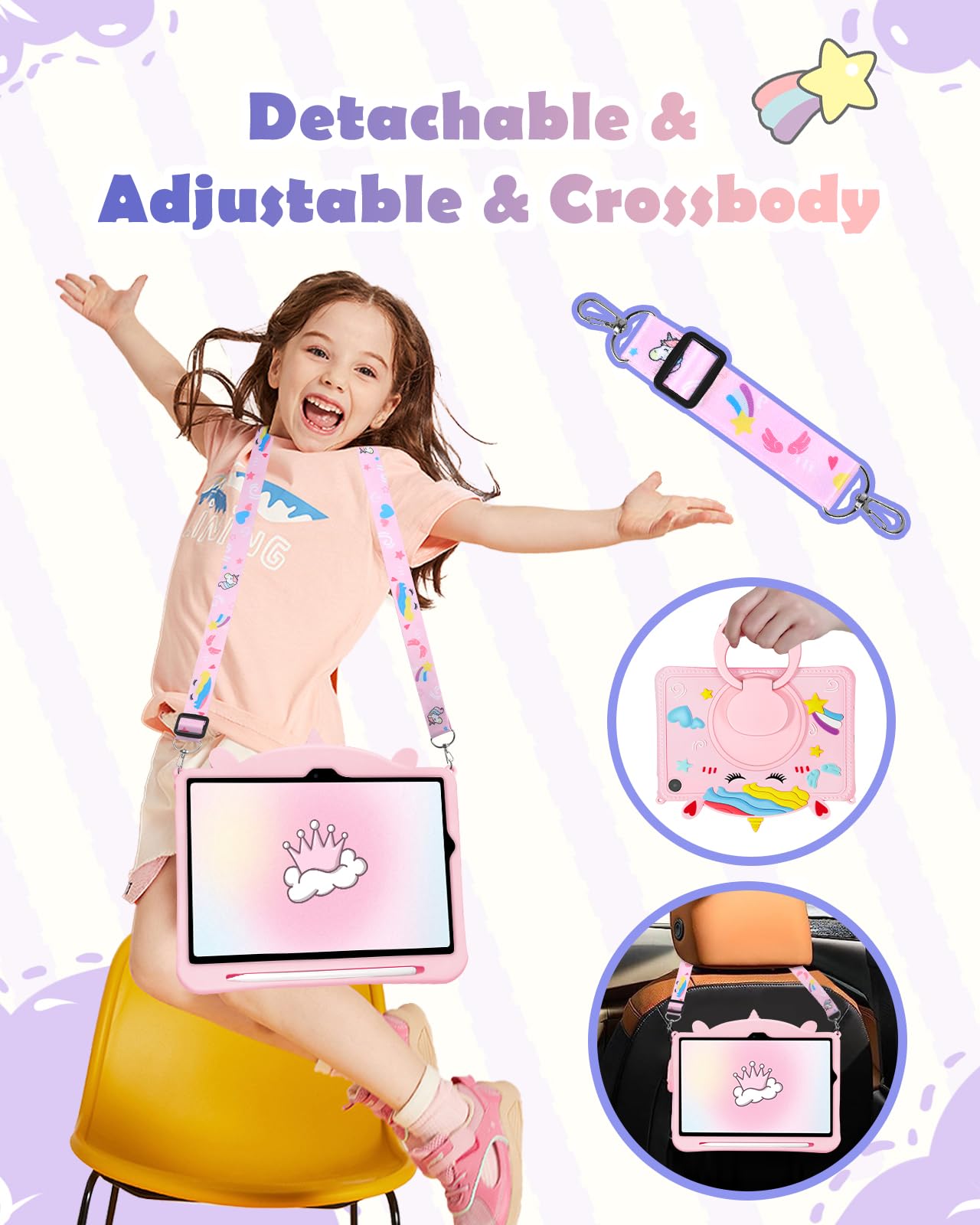 Gurgitat for Galaxy Tab A8 Cases - with Pen Holder Cute Cartoon Unicorn Silicone Cover with Rotating Stand & Strap Girly Teens Girls for Samsung Galaxy Tablet A8 10.5" Cases