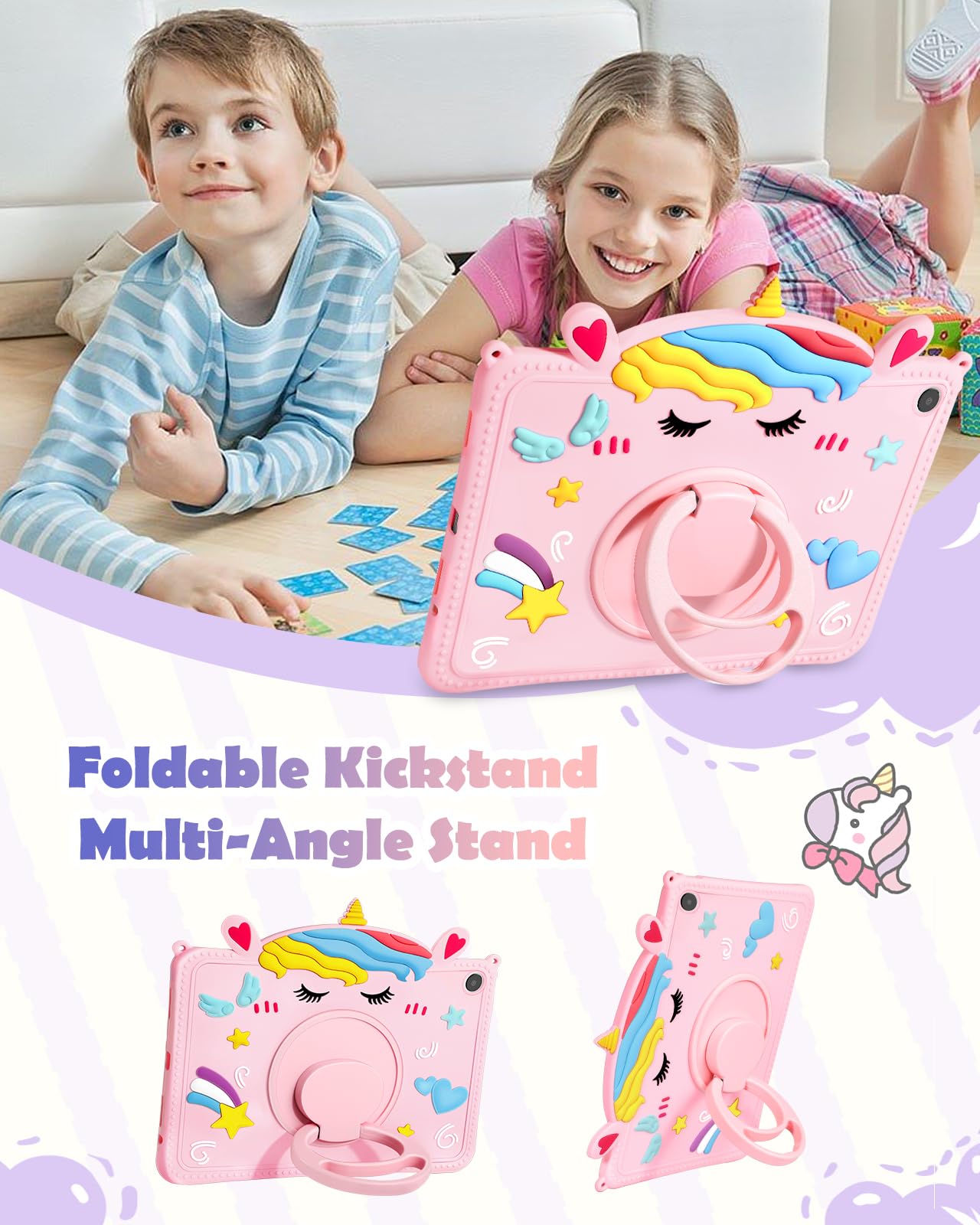 Gurgitat for Galaxy Tab A8 Cases - with Pen Holder Cute Cartoon Unicorn Silicone Cover with Rotating Stand & Strap Girly Teens Girls for Samsung Galaxy Tablet A8 10.5" Cases