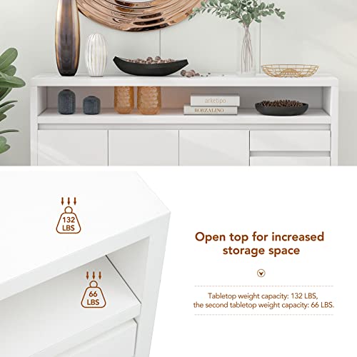 Modern Sideboard Buffet Server Storage Cabinet, Cupboard Console Table with Double-Storey Tabletop Wood Buffet Cabinet with Two Cabinets and Three Drawers for Living Room Kitchen Dining Room, White
