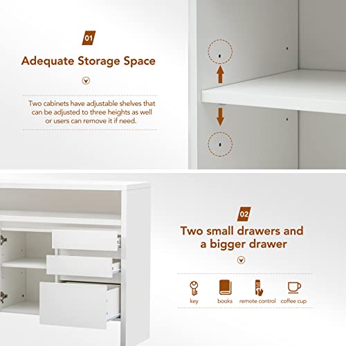 Modern Sideboard Buffet Server Storage Cabinet, Cupboard Console Table with Double-Storey Tabletop Wood Buffet Cabinet with Two Cabinets and Three Drawers for Living Room Kitchen Dining Room, White