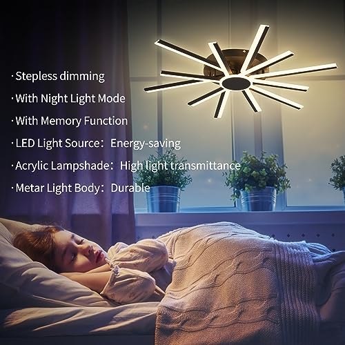 Modern LED Ceiling Light 70W Dimmable Ceiling Light Fixture with Remote Control 27.6in 12 Heads Black Flush Mount Ceiling Light Acrylic Ceiling Lamps for Living Room,Dining Room,Kitchen,Bedroom