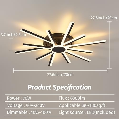 Modern LED Ceiling Light 70W Dimmable Ceiling Light Fixture with Remote Control 27.6in 12 Heads Black Flush Mount Ceiling Light Acrylic Ceiling Lamps for Living Room,Dining Room,Kitchen,Bedroom