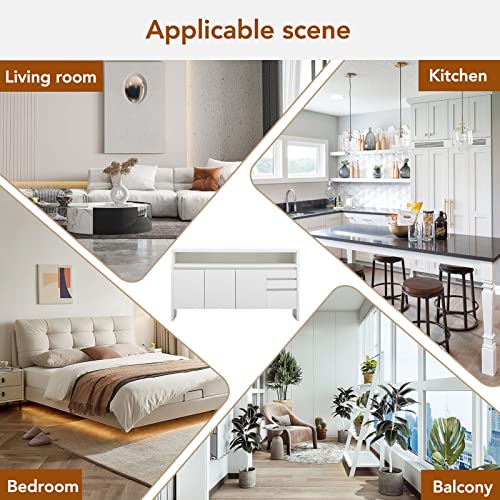 Modern Sideboard Buffet Server Storage Cabinet, Cupboard Console Table with Double-Storey Tabletop Wood Buffet Cabinet with Two Cabinets and Three Drawers for Living Room Kitchen Dining Room, White