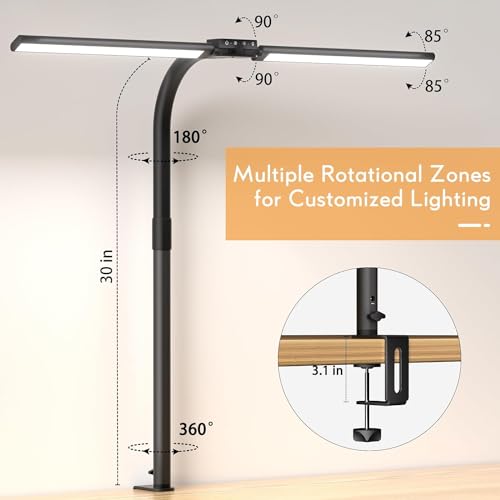 Quntis Double Head LED Tall Desk Lamp for Home Office, 31.5-inch Foldable Computer Desk Light with Clamp, Dimmable Dual Monitor Light Bar for Curved Screen Architect Drafting Design - 32 Modes