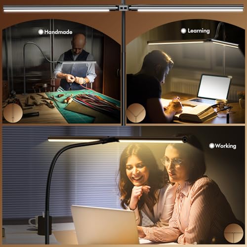 Quntis Double Head LED Tall Desk Lamp for Home Office, 31.5-inch Foldable Computer Desk Light with Clamp, Dimmable Dual Monitor Light Bar for Curved Screen Architect Drafting Design - 32 Modes