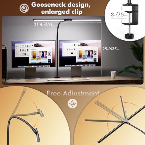 Quntis Double Head LED Tall Desk Lamp for Home Office, 31.5-inch Foldable Computer Desk Light with Clamp, Dimmable Dual Monitor Light Bar for Curved Screen Architect Drafting Design - 32 Modes
