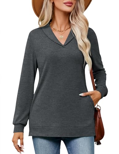 KTILG Womens Sweatshirts Long Sleeve V Neck T Shirts for Women Tunic Tops to Wear with Leggings Womens Long Sleeve Shirts(Dark Gray_Medium)