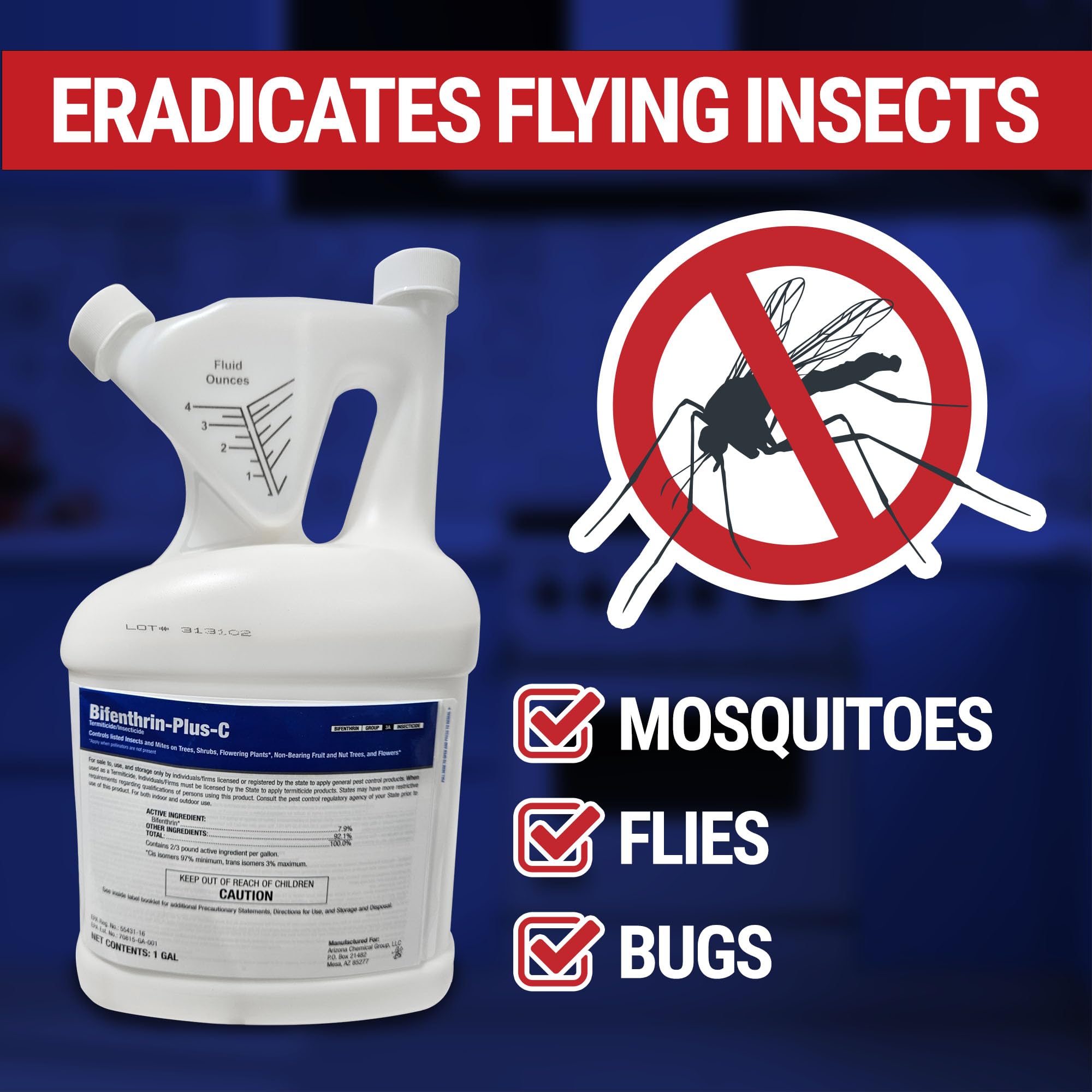 Bifenthrin-Plus-C Insecticide (1 Gal) - Roach Killer Indoor Infestation, Termite Treatment, Ant Control & Wasp Spray - Home Defense Pest Control, Residential, Commercial, and Industrial Use