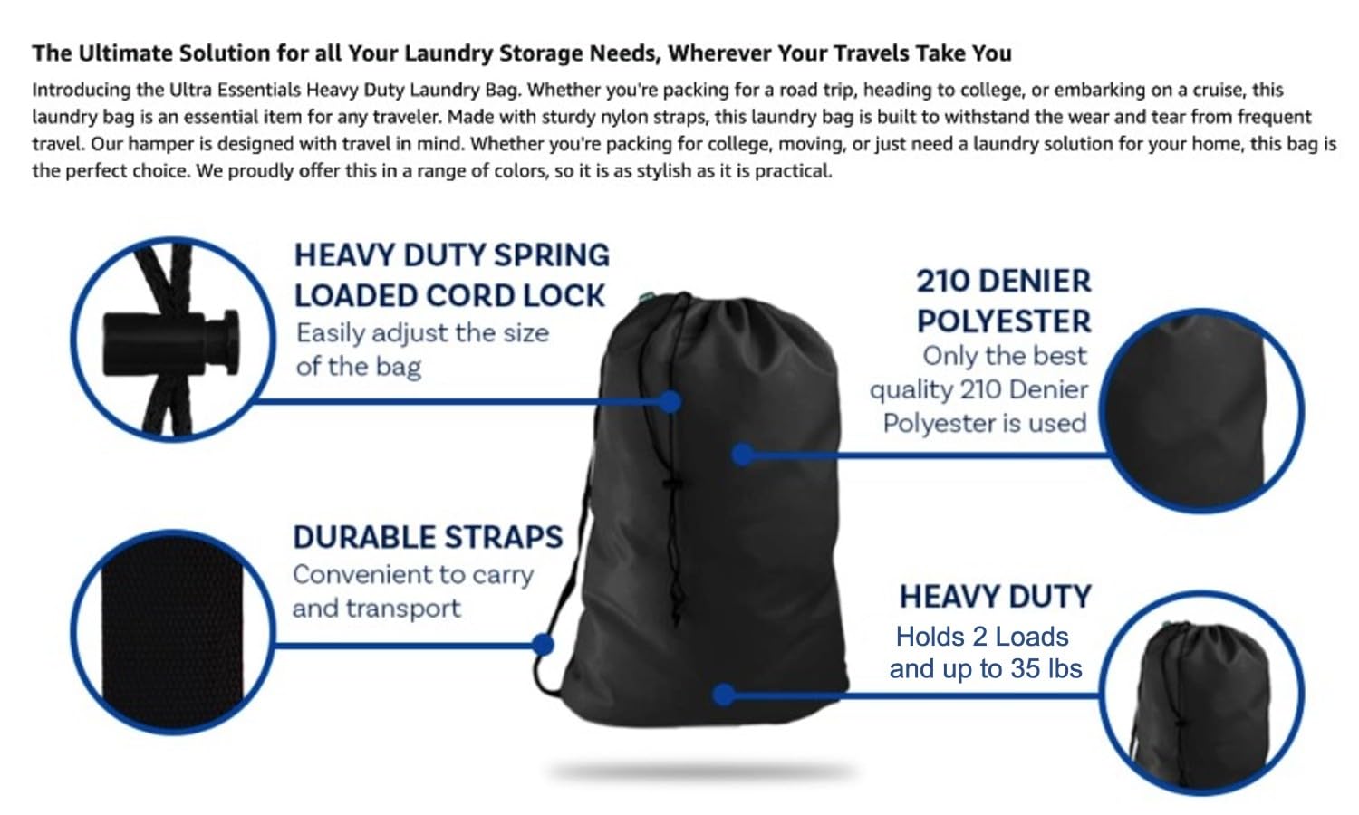 ROYAL BLUE Laundry Bag Heavy Duty w/Shoulder Strap, 22" x 28", Child Size, Small for Cruise, Water Resistant, Holds 2 Loads or 35 lbs, Dorm, Store Blankets, Yarn, Fabric & Clothes