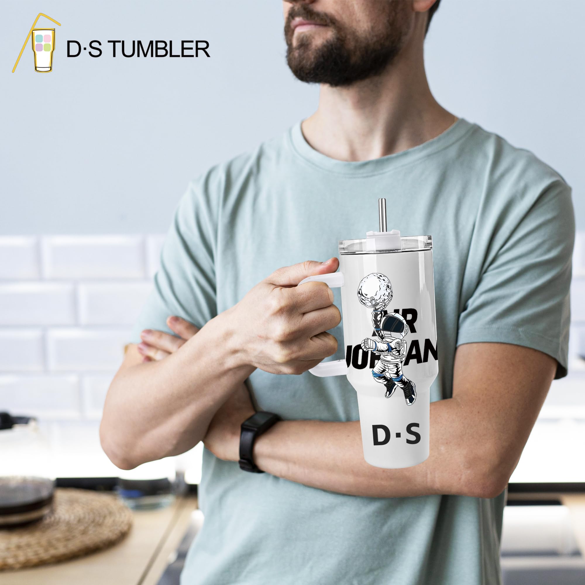 D·S 4 Pack 40 oz Sublimation Tumbler with Handle Insulated Large Sublimation Tumblers Bulk with Lids and Straws Stainless Steel Coffee Mugs for DIY Craft Heat Press Print