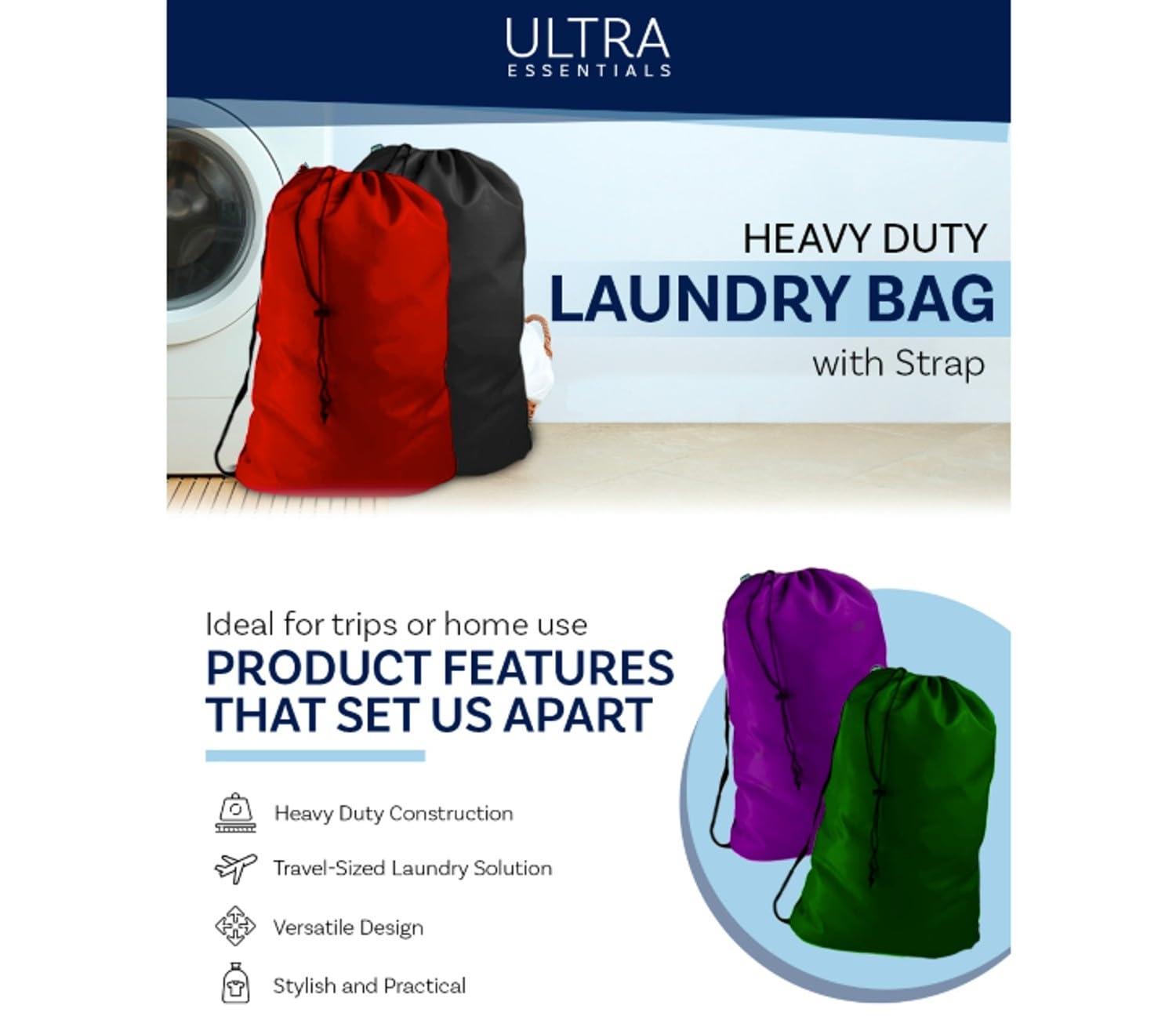 ROYAL BLUE Laundry Bag Heavy Duty w/Shoulder Strap, 22" x 28", Child Size, Small for Cruise, Water Resistant, Holds 2 Loads or 35 lbs, Dorm, Store Blankets, Yarn, Fabric & Clothes