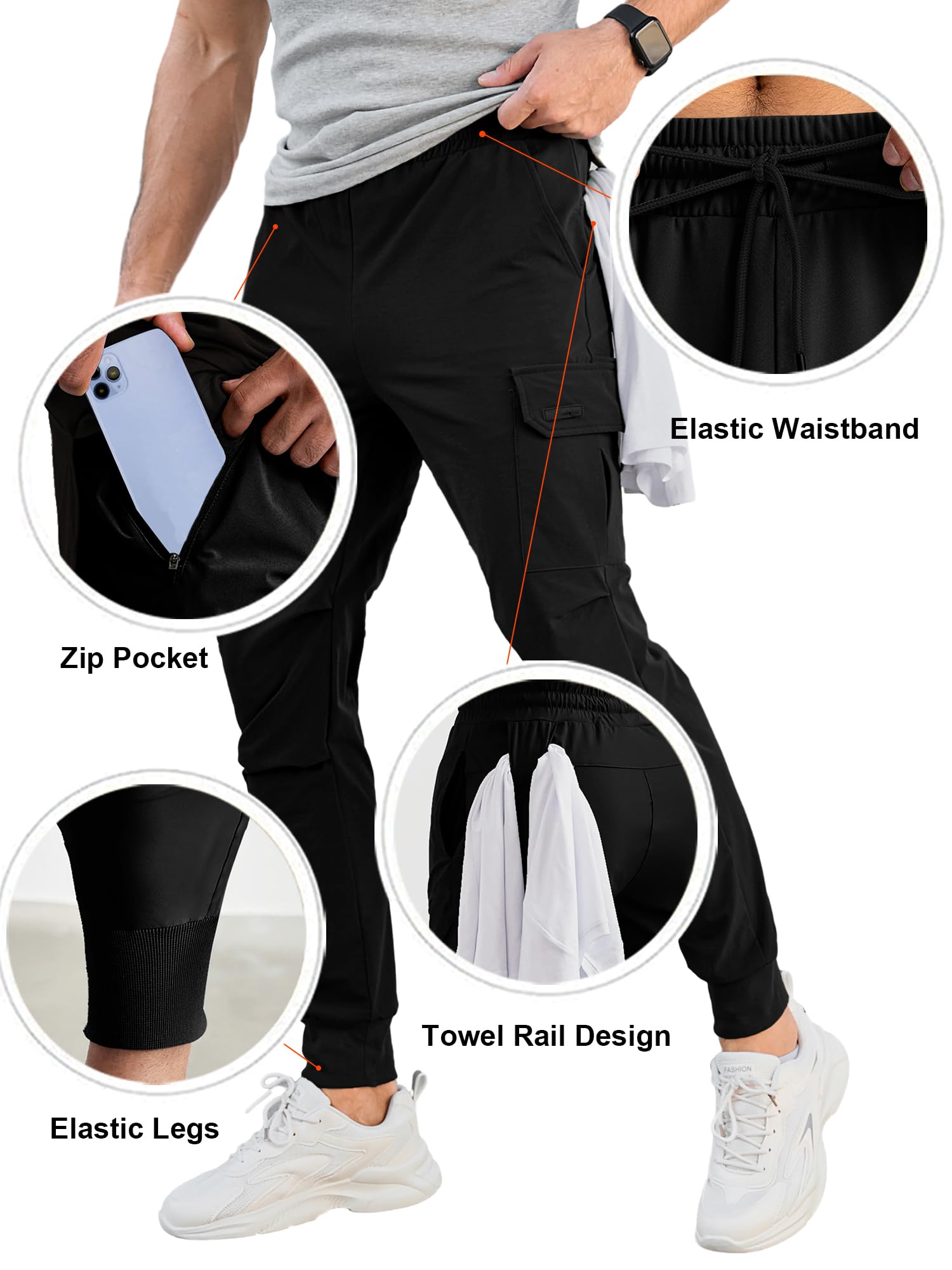 Comdecevis Men's Cargo Jogger Pants Stretch Sweatpants Slim Fit Tactical Pants with Zipper Pockets Casual Trousers Black 3X-Large