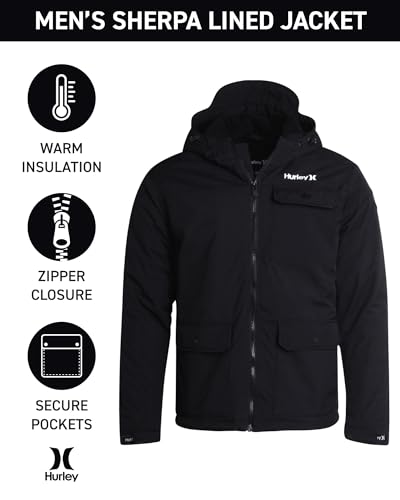 Hurley Men's Winter Jacket - Warm Sherpa Lined Outdoor Jacket with Multiple Pockets - Men's Zip Up Hooded Ski Jackets (S-XL), Size Large, Black