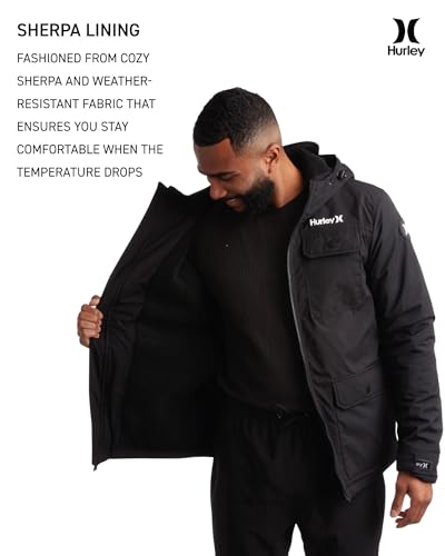 Hurley Men's Winter Jacket - Warm Sherpa Lined Outdoor Jacket with Multiple Pockets - Men's Zip Up Hooded Ski Jackets (S-XL), Size Large, Black