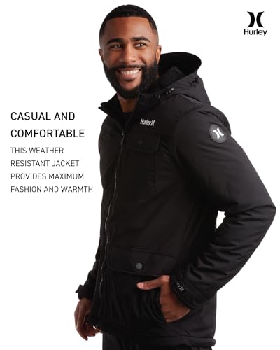 Hurley Men's Winter Jacket - Warm Sherpa Lined Outdoor Jacket with Multiple Pockets - Men's Zip Up Hooded Ski Jackets (S-XL), Size Large, Black