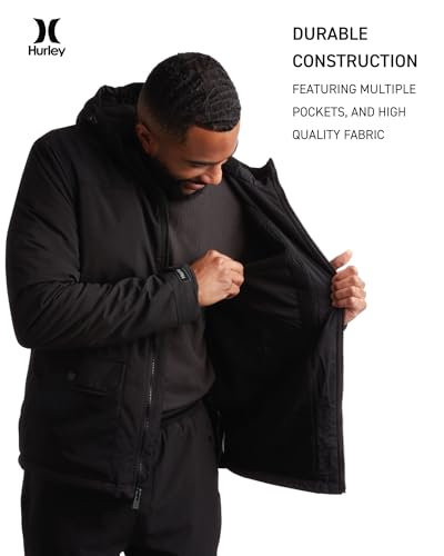 Hurley Men's Winter Jacket - Warm Sherpa Lined Outdoor Jacket with Multiple Pockets - Men's Zip Up Hooded Ski Jackets (S-XL), Size Large, Black