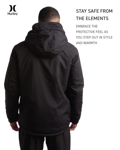 Hurley Men's Winter Jacket - Warm Sherpa Lined Outdoor Jacket with Multiple Pockets - Men's Zip Up Hooded Ski Jackets (S-XL), Size Large, Black