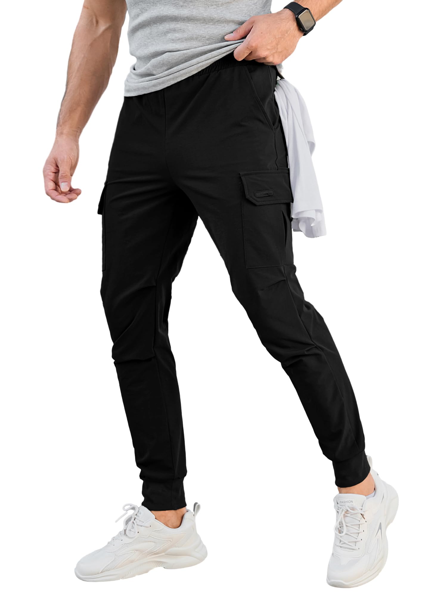 Comdecevis Men's Cargo Jogger Pants Stretch Sweatpants Slim Fit Tactical Pants with Zipper Pockets Casual Trousers Black 3X-Large