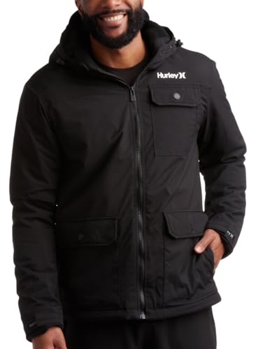 Hurley Men's Winter Jacket - Warm Sherpa Lined Outdoor Jacket with Multiple Pockets - Men's Zip Up Hooded Ski Jackets (S-XL), Size Large, Black